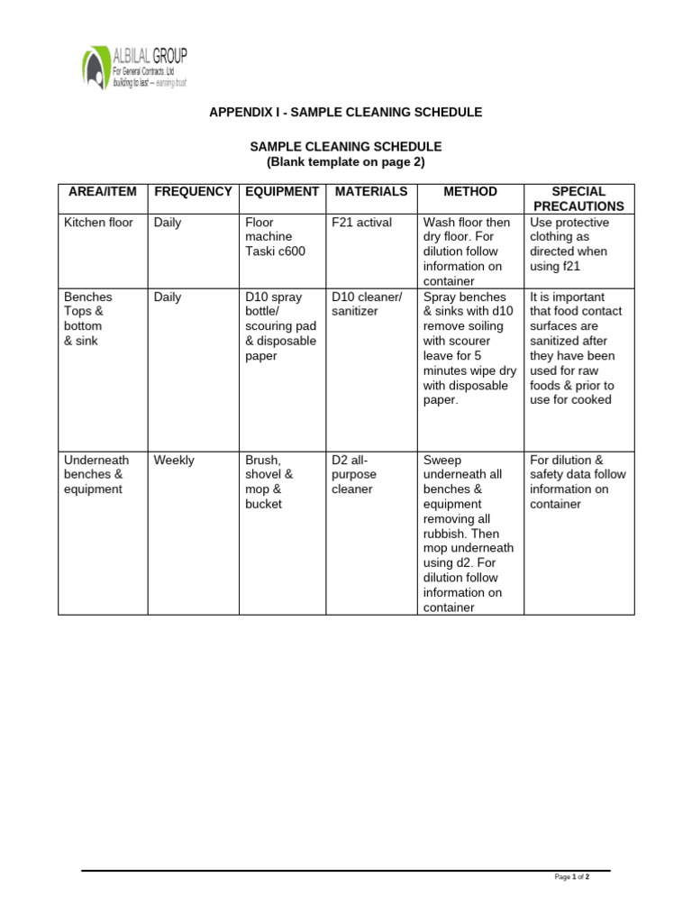 Appendix I - Sample Cleaning Schedule | PDF