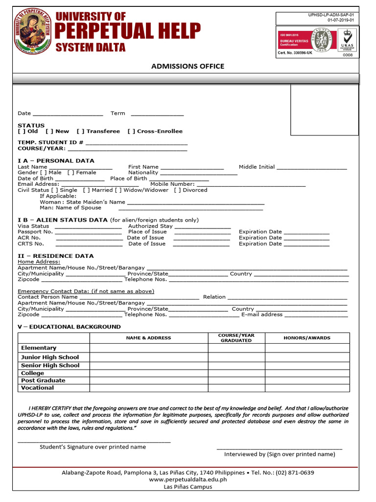 ADMISSION-FORM-UPHSD | PDF | Government And Personhood