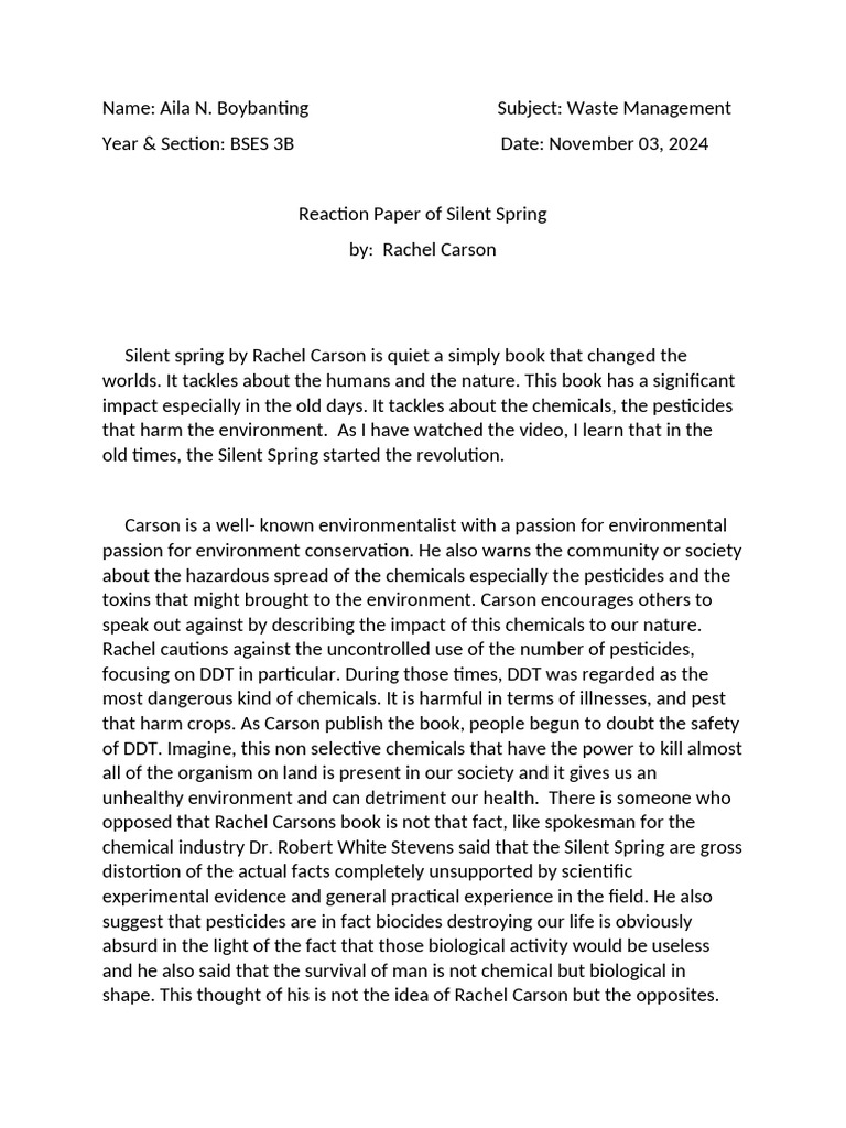 Aila Reaction Paper Silent Spring by Rachel Carson | PDF