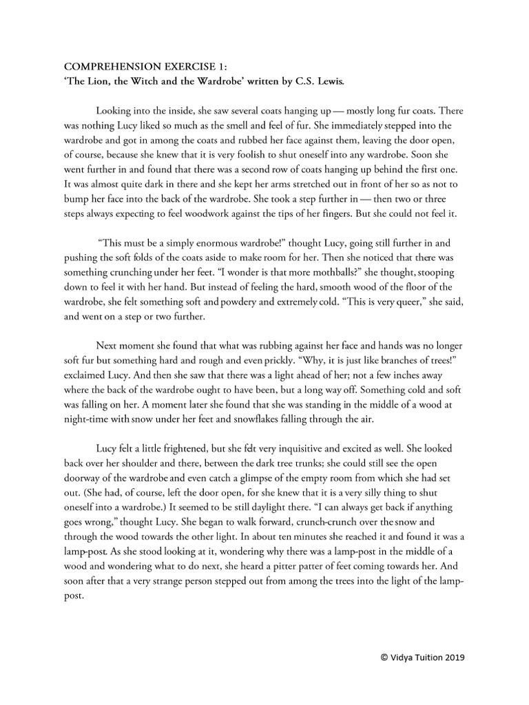 Comprehension Exercise 1 The Lion The Witch and The Wardrobe | PDF