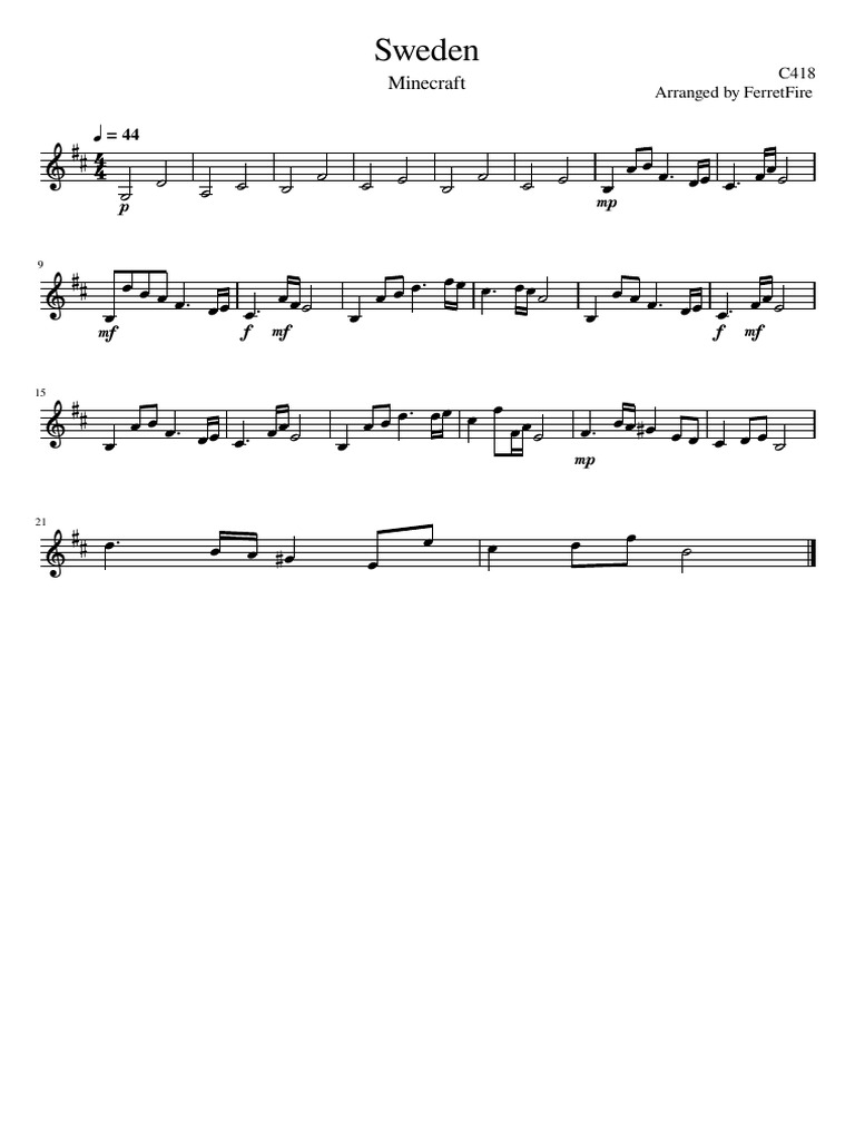 Sweden Violin Sheet Music for Minecraft | PDF