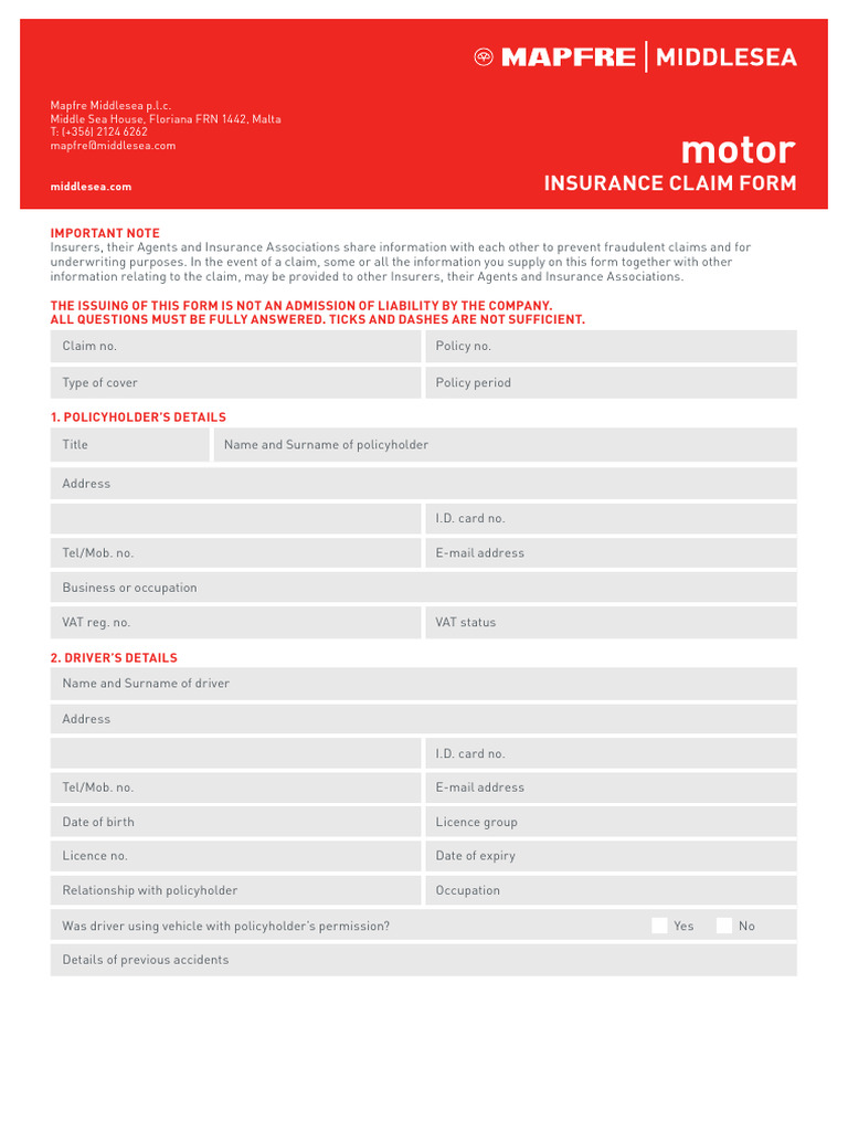 Mapfre Middlesea Motor Claim Form | PDF | Insurance
