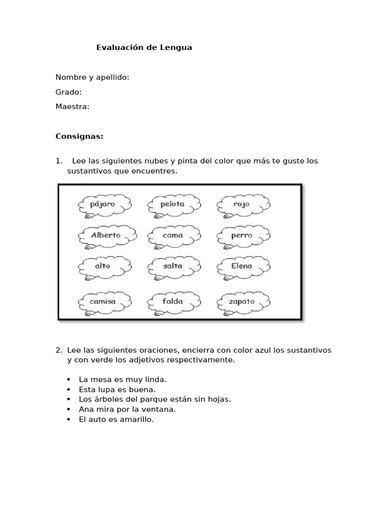 Evaluación de Lengua. 2 SUSTANTIVOS,ADJETIVOS ENERO Y NÚMERO, | PDF