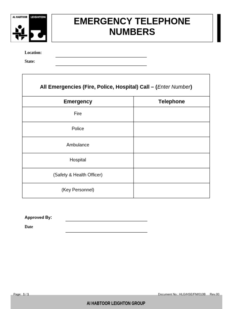 HLG HSE FM 010B r00 HSE Emergency Contacts | PDF