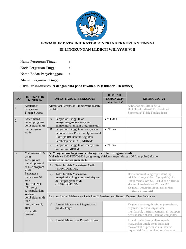 Formulir Kinerja PT Wilayah VIII | PDF