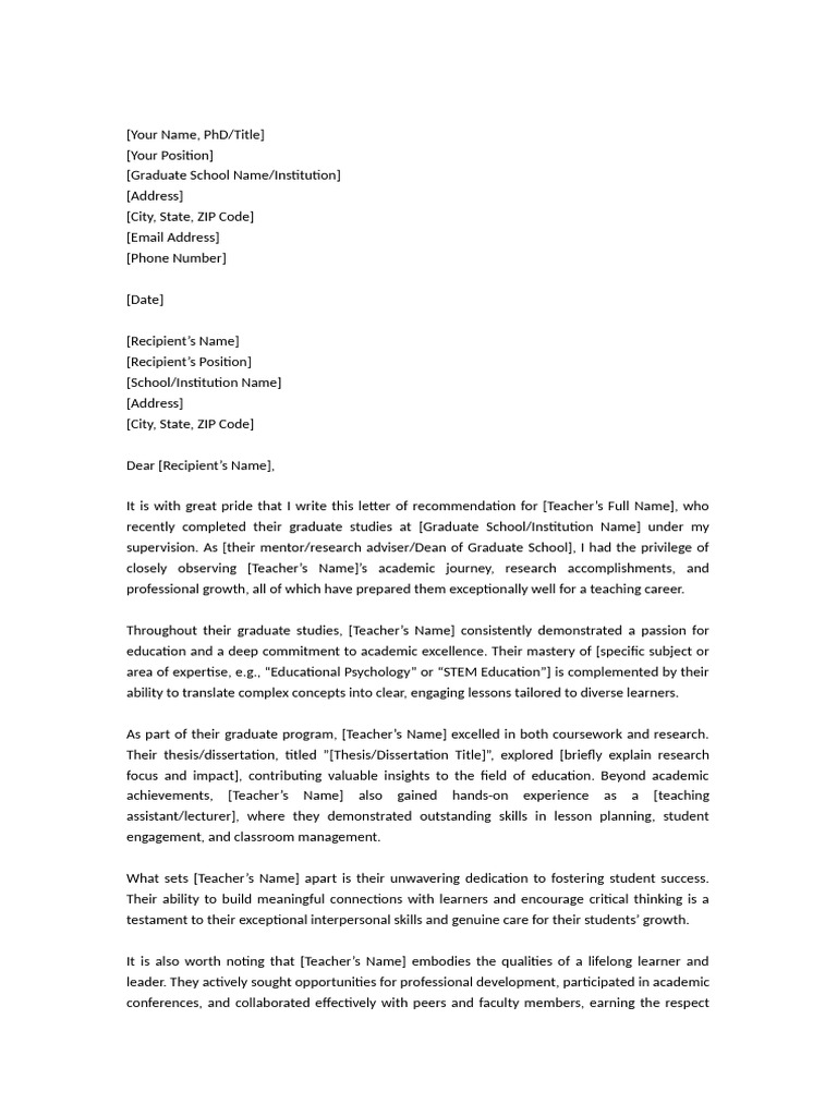 PhD Teaching Recommendation Letter | PDF | Teachers | Thesis