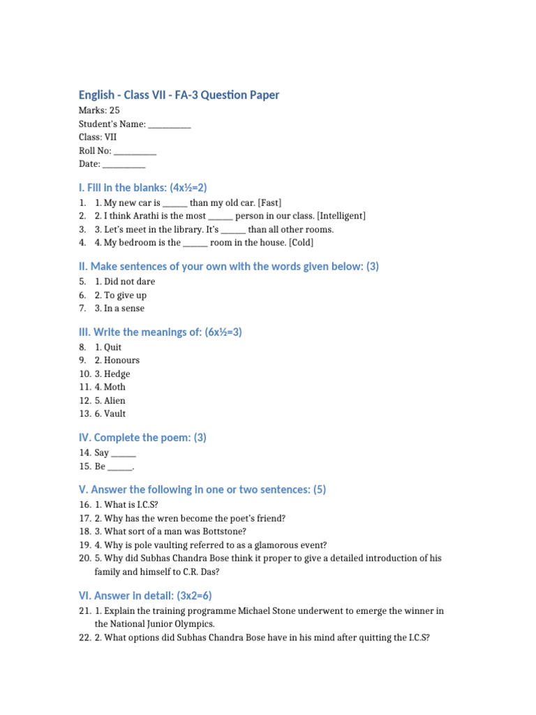 English FA3 Class VII Question Paper | PDF