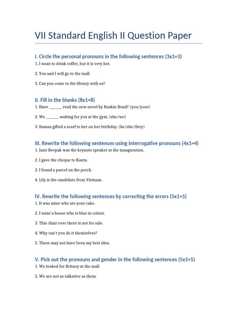 VII Standard English II Question Paper | PDF