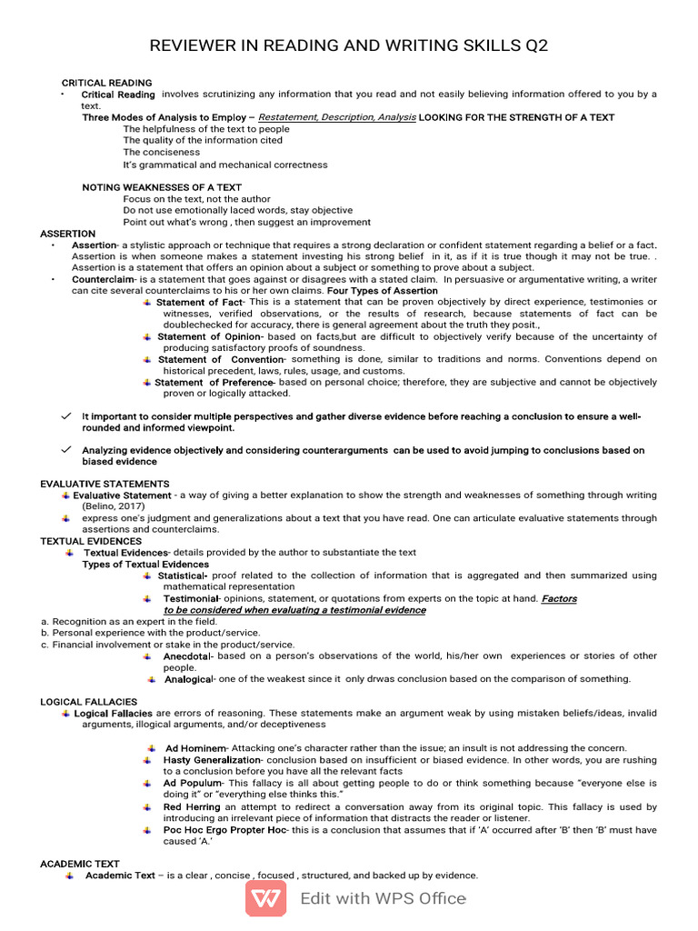 Q2 Reviewer in Reading and Writing1 | PDF | Fallacy | Argument
