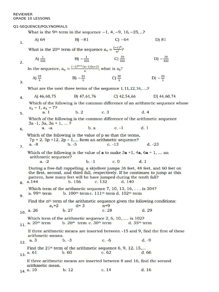 Reviewer Math Quiz Bee G10 Q1 | PDF