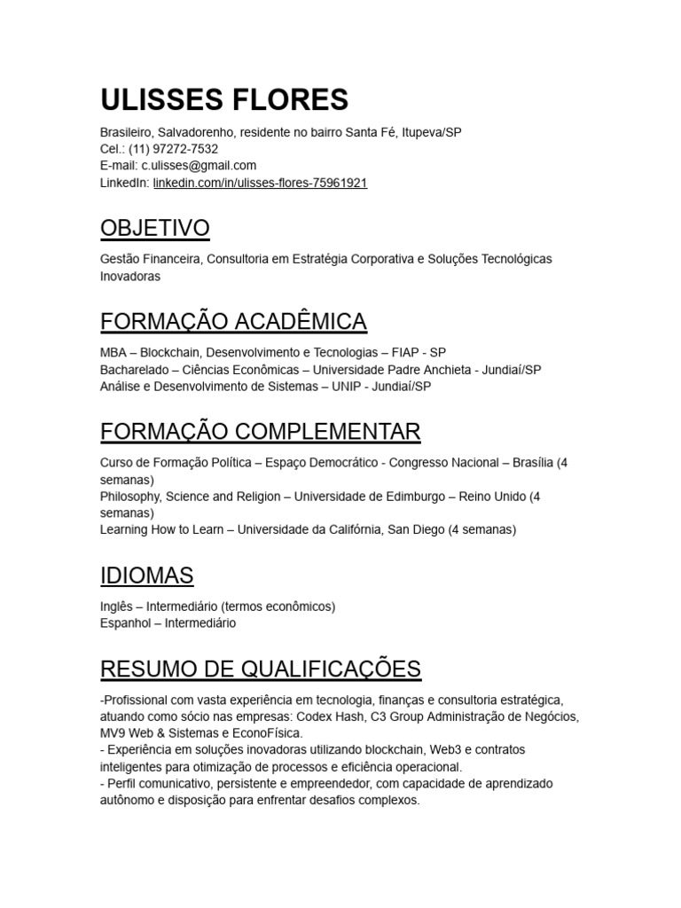 Ulisses Flores CV - 2024 | PDF | Despesa | Contabilidade