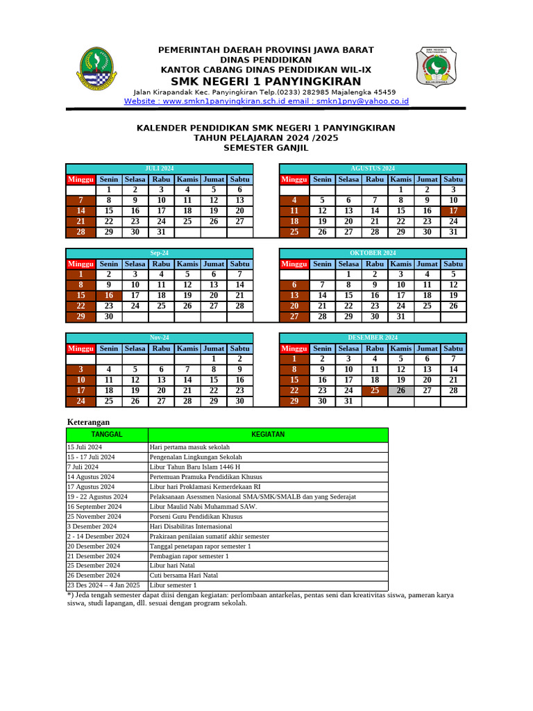 4. Kalender Pendidikan SMK Negeri 1 Panyingkiran 2024-2025 | PDF