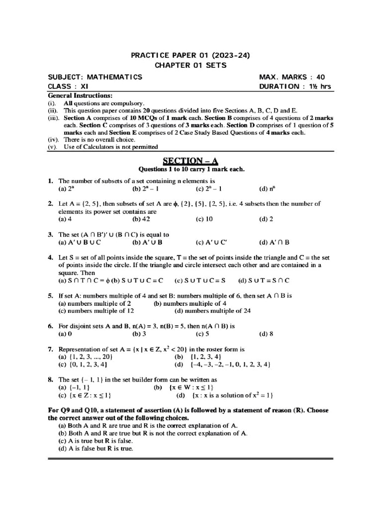 Class XI Mathematics Practice Paper on Sets | PDF | Mathematics ...