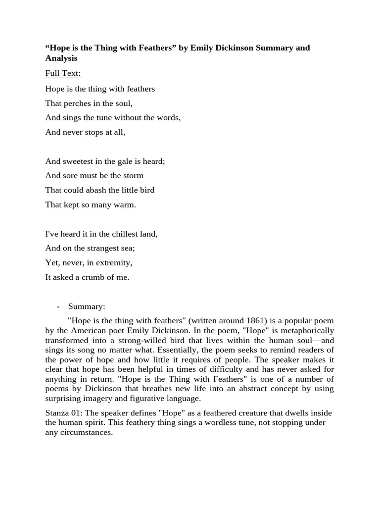 Hope Is The Thing With Feathers Analysis | PDF | Phonaesthetics ...