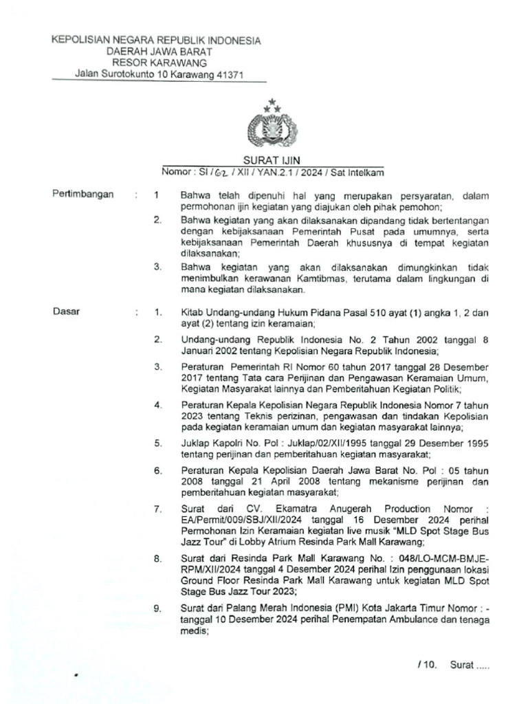 Surat Ijin Keramaian Polres Karawang MLDSpot SBJT | PDF