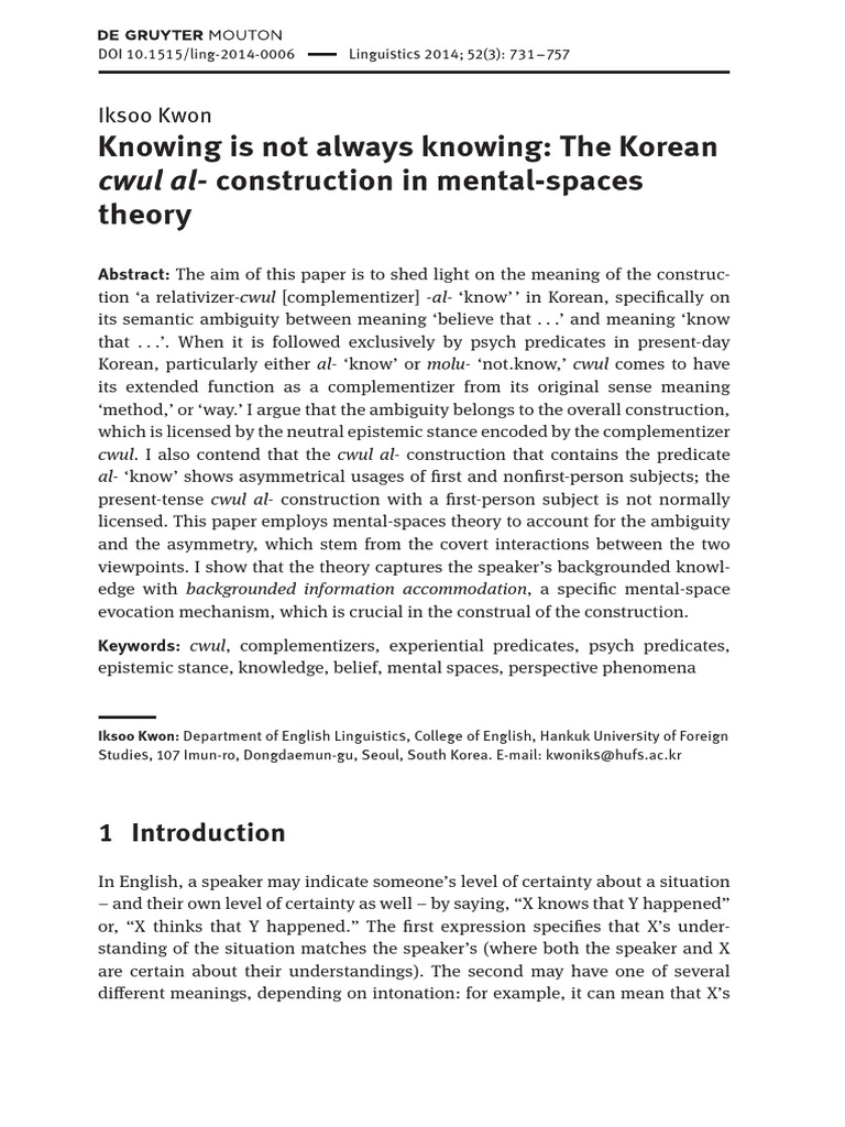 Kwon 2014 Knowing Is Not Always Knowing The Korean | PDF | Clause ...