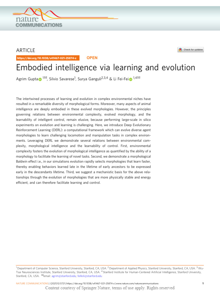 Embodied Intelligence Via Learning and Evolution | PDF | Evolution | Intelligence