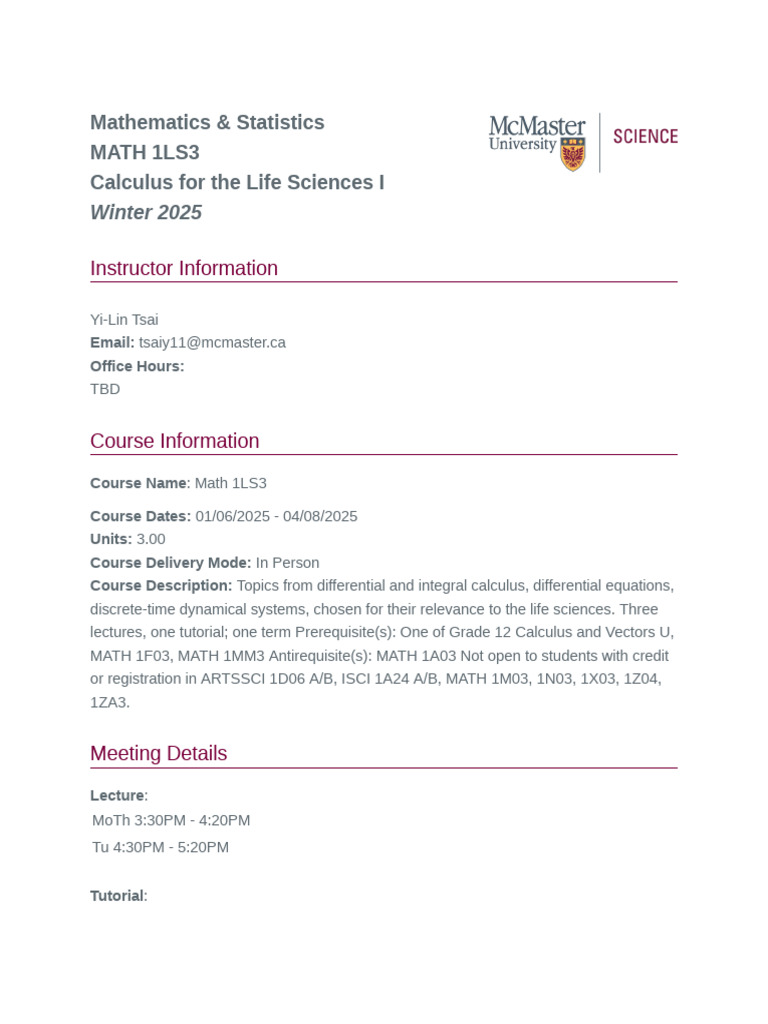 Winter 2025 MATH 1LS3 C01 TSAIY11 Calculus For The Life Sciences I ...