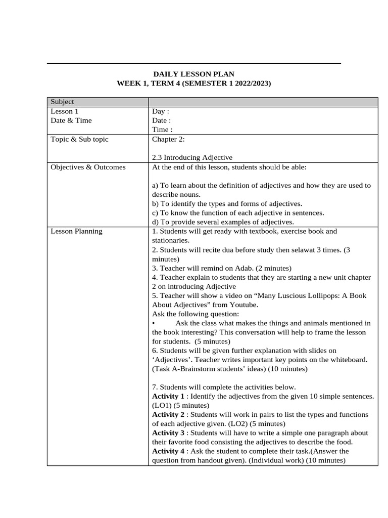 Sample of Lesson Plan | PDF | Adjective | Grammar