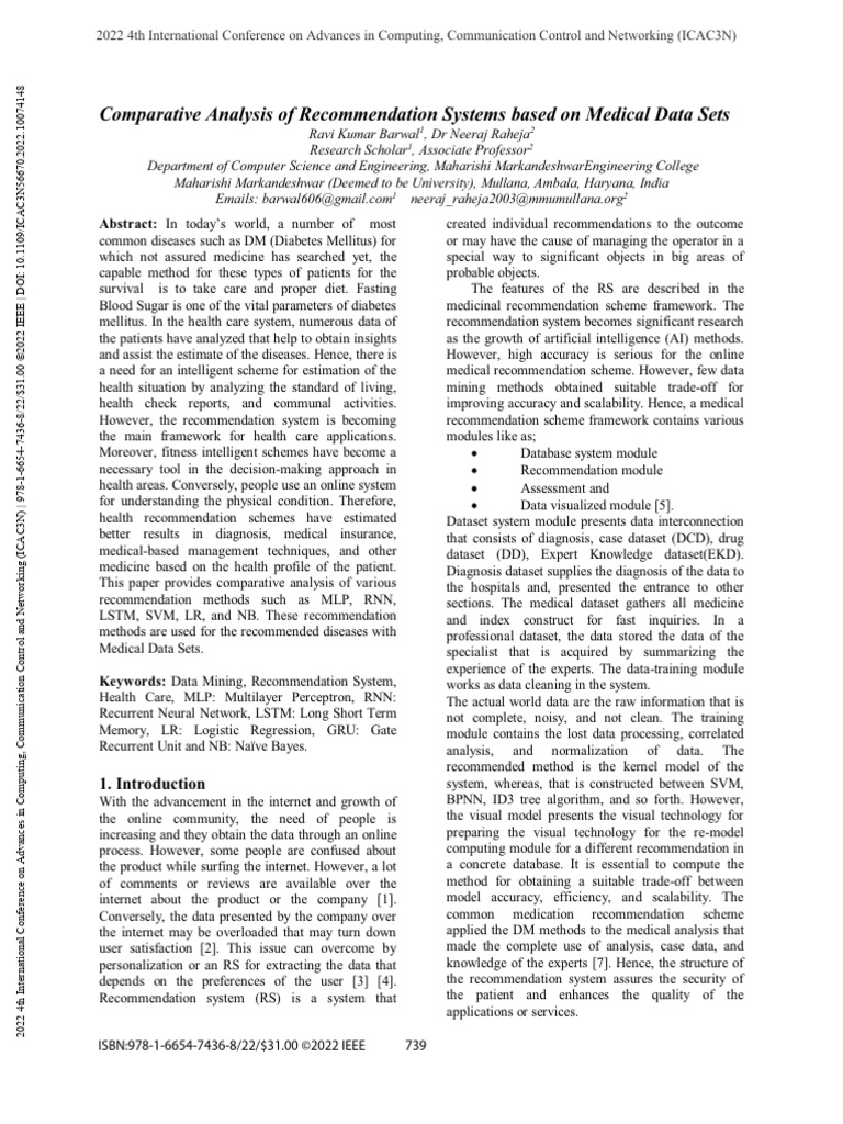 Comparative Analysis of Recommendation Systems Based On Medical Data Sets | PDF | Artificial ...