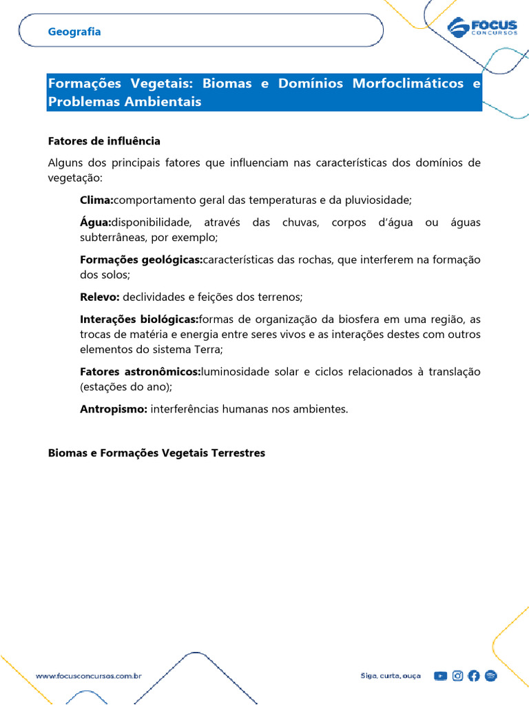 Matriz Geografia Carla Formacoes Vegetais Biomas | PDF | Desmatamento | Floresta Amazônica
