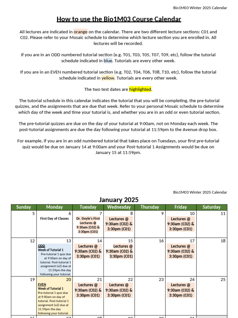 Bio 1M03 Calendar W2025 Draft | PDF