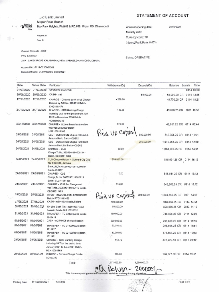 PFC - Share Capital Confirmed Bank To Bank. | PDF | Banks | Money
