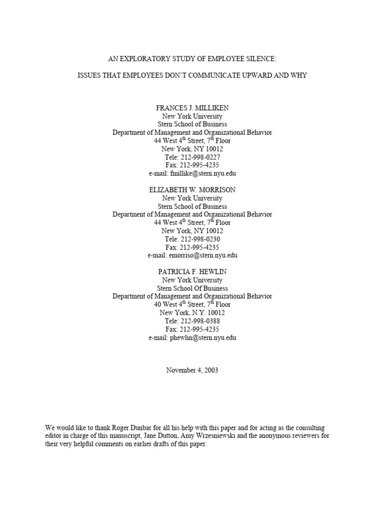 AN_EXPLORATORY_STUDY_OF_EMPLOYEE_SILENCE | PDF | Reason | Fear