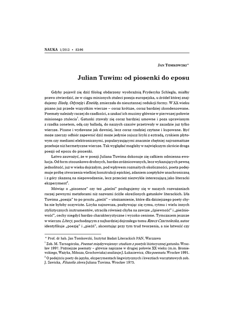 Julian Tuwim Od Piosenki Do Eposu | PDF