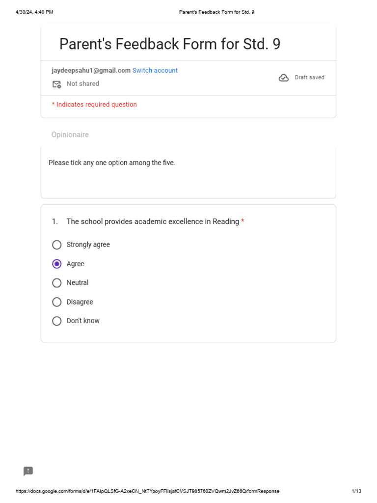 Parent's Feedback Form For Std. 9 | PDF