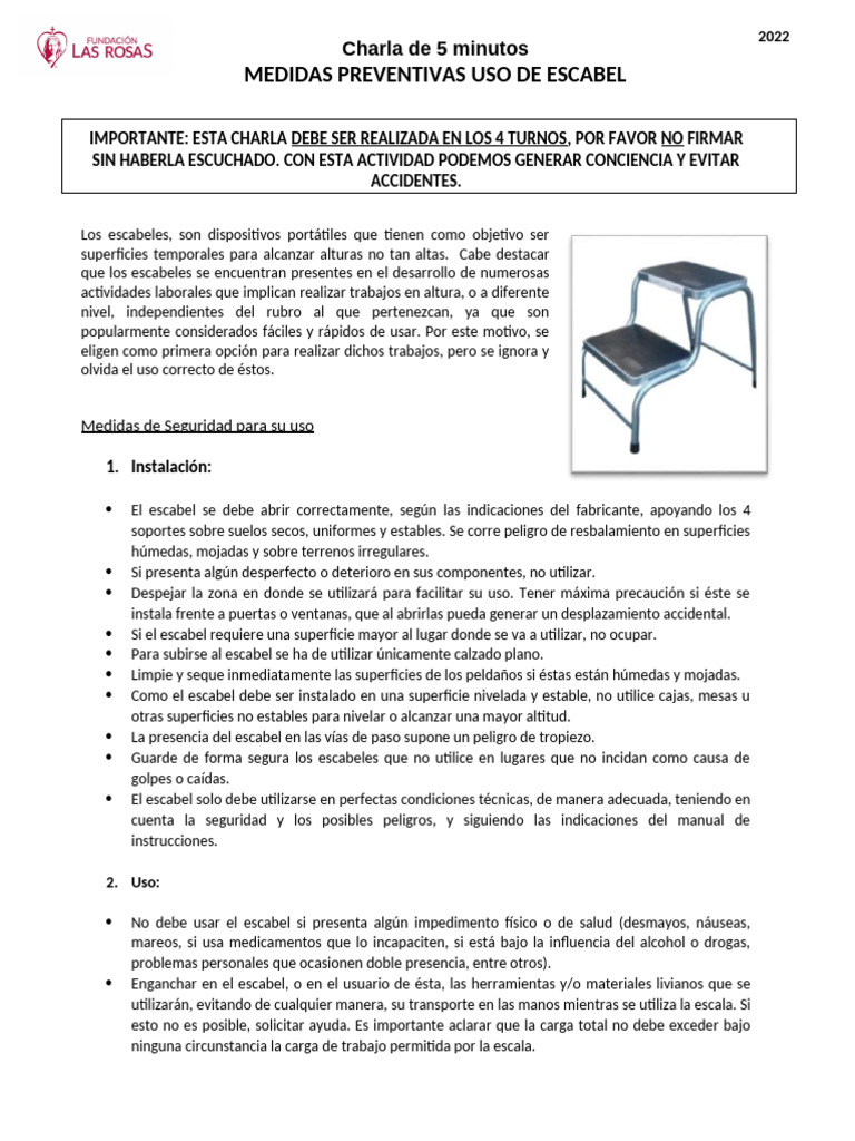 Charla 5 Minutos Medidas Preventivas Uso de Escabel | PDF