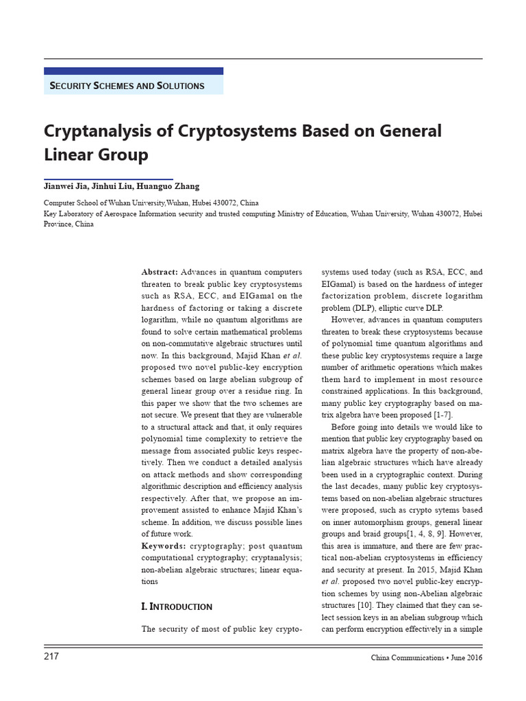 Cryptanalysis of Cryptosystems Based On General Linear Group | PDF | Matrix (Mathematics ...