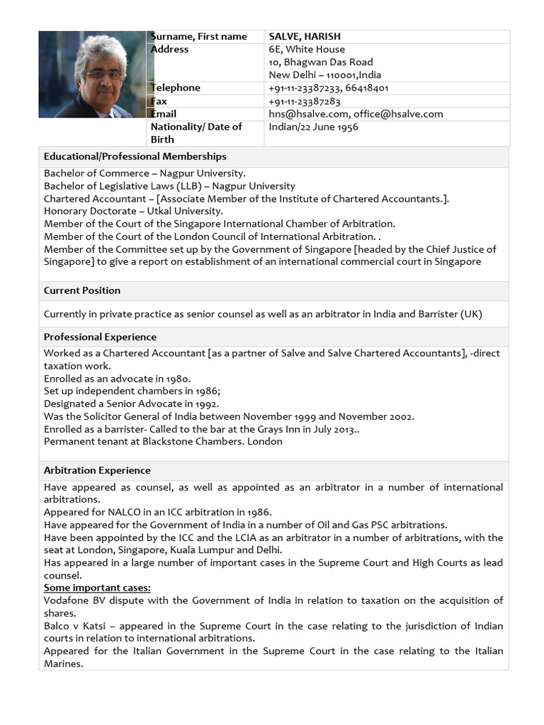 Mr.Harish-Salve-A4-profile-SIAC | PDF | Barrister | Justice