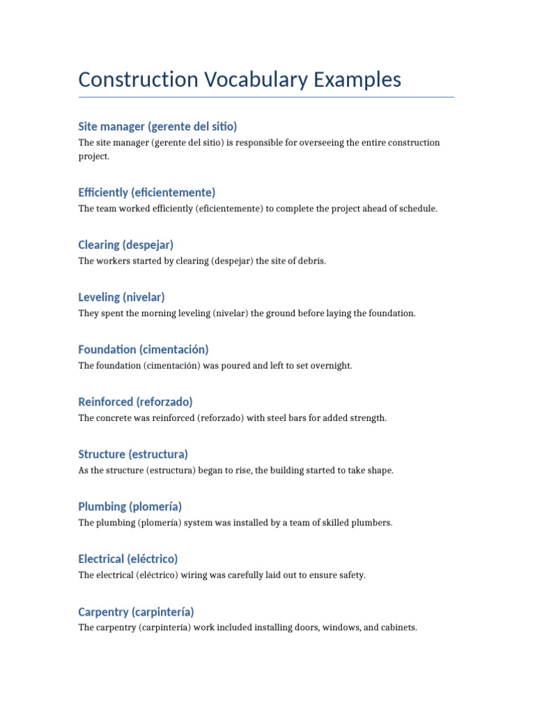 Construction Vocabulary Examples | PDF | Carpentry | Building