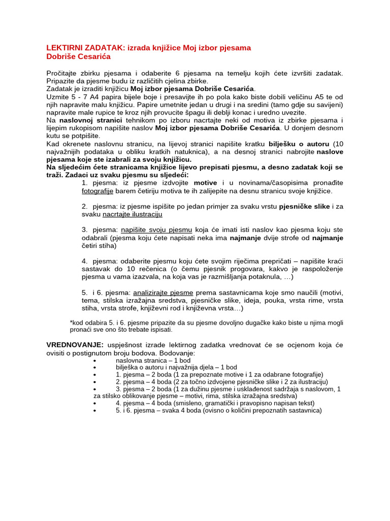 Lektirni Zadatak - Dobriša Cesarić | PDF