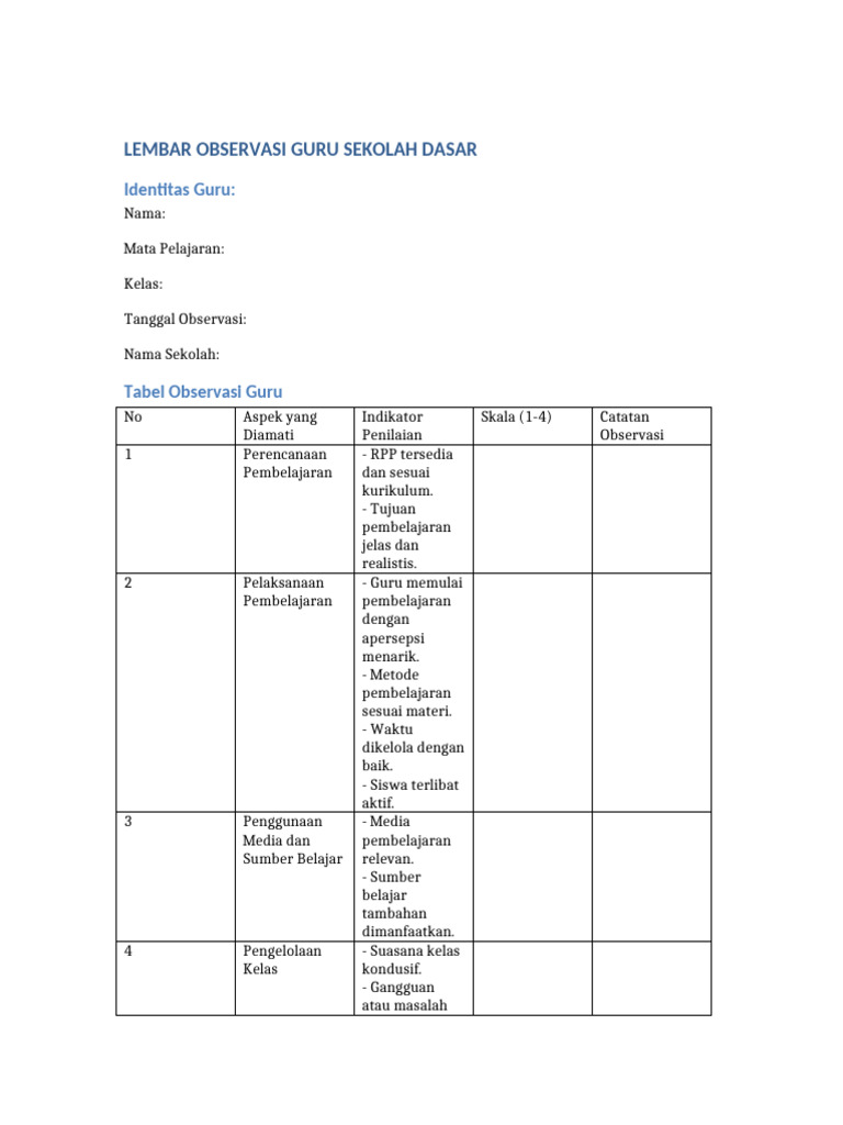 Lembar_Observasi_Guru_dan_Siswa_SD | PDF