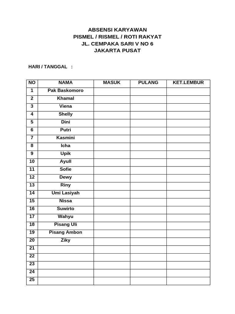 Contoh Form Absensi Karyawan Manual | PDF