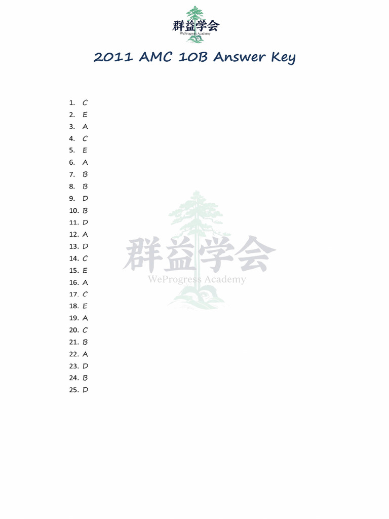 2011 AMC 10B Answer Key | PDF