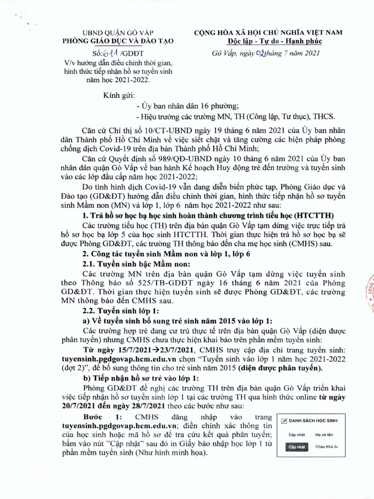 PGD Huong Dan Dieu Chinh Thoi Gian Hinh Thuc Nop HS Tuyen Sinh Moi | PDF