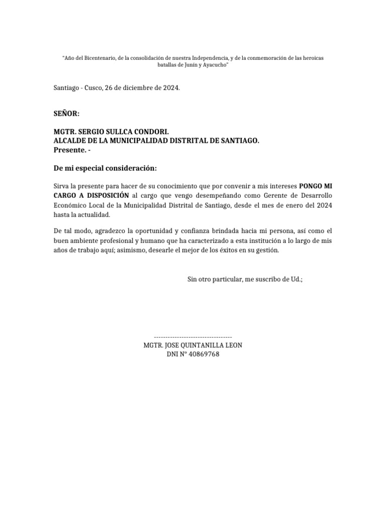 carta de disposicion de cargo | PDF