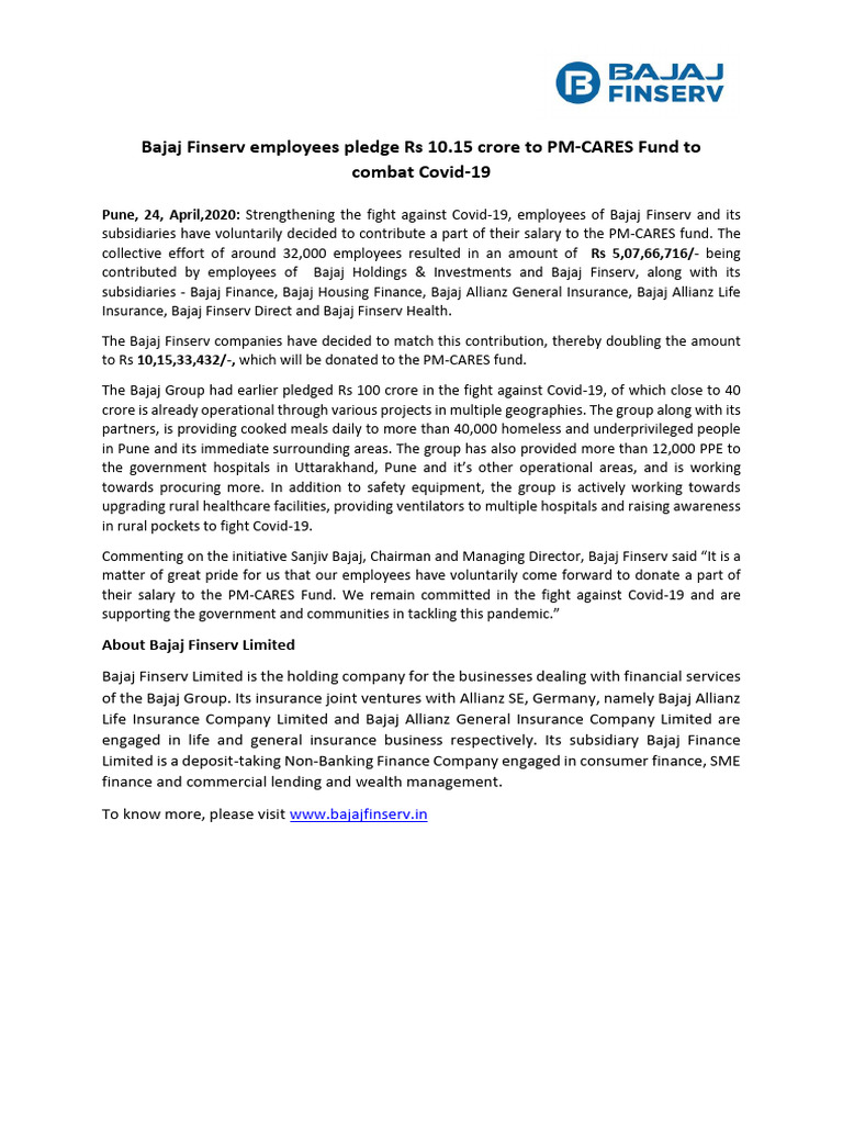 Press Release - Bajaj Finserv Employee Contribution | PDF