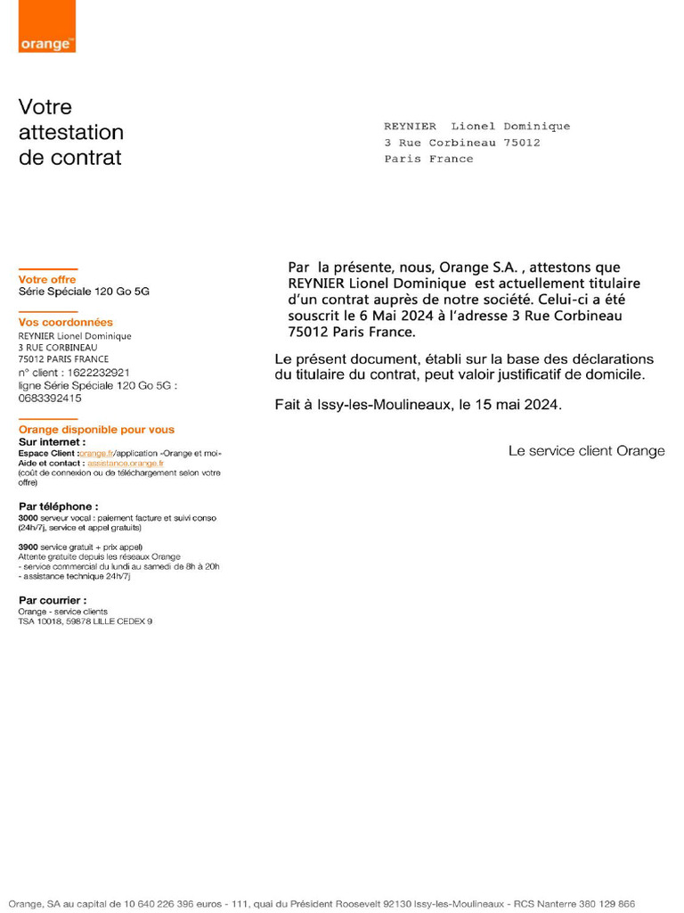 Attestation Contrat 0683392415 | PDF