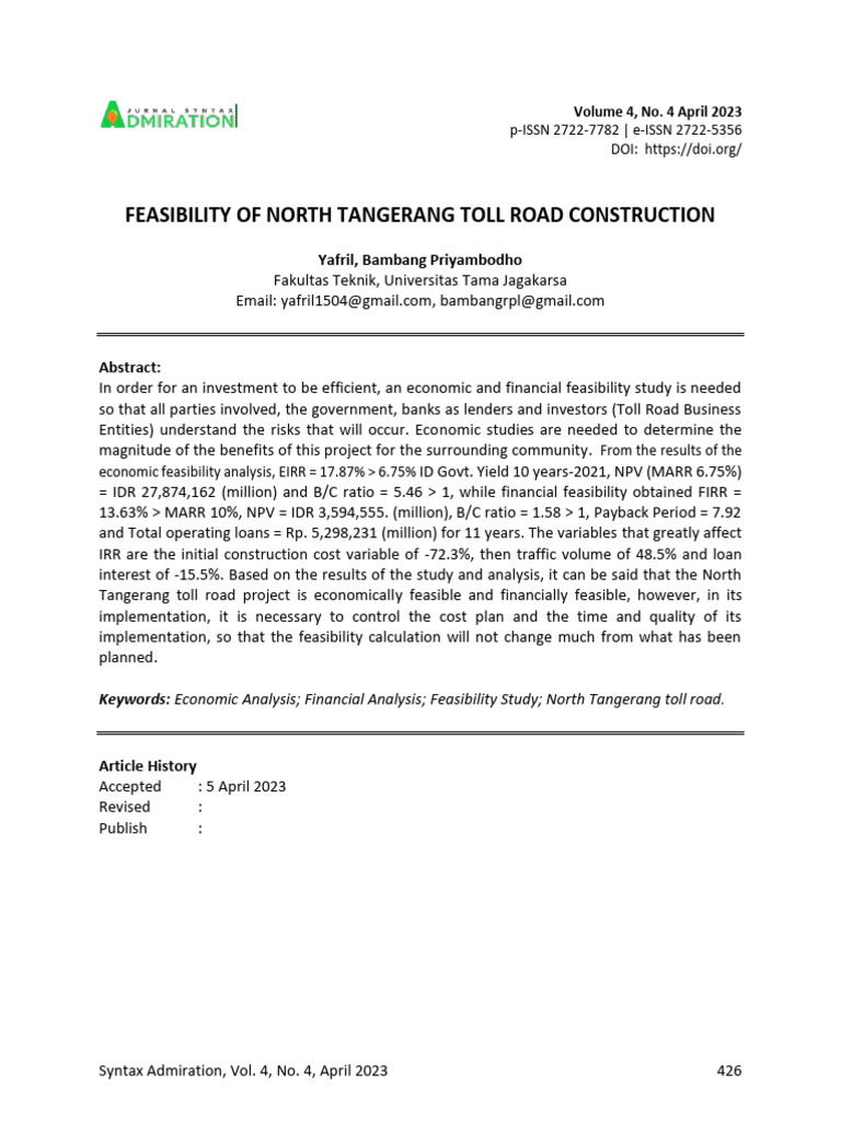 North Tangerang Toll Road Feasibility Study | PDF | Net Present Value ...