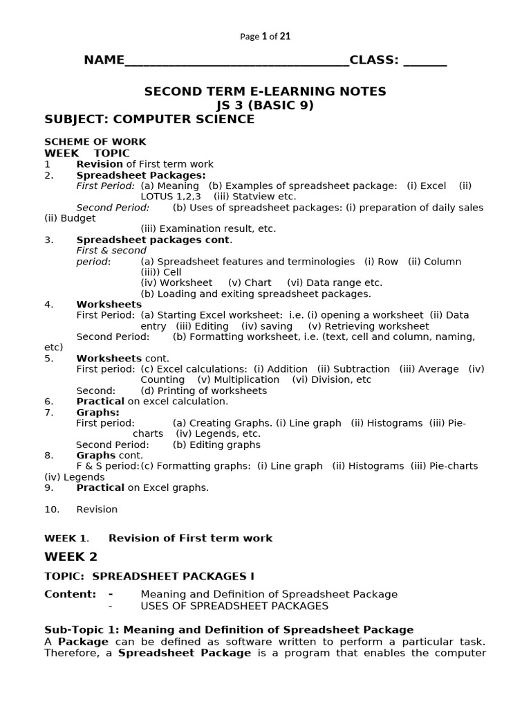 2nd Term Js 3 Computer Science | PDF | Spreadsheet | Microsoft Excel