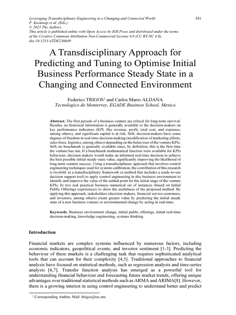 A Transdisciplinary Approach for Predicting and Tuning to Optimise Initial Business Performance ...