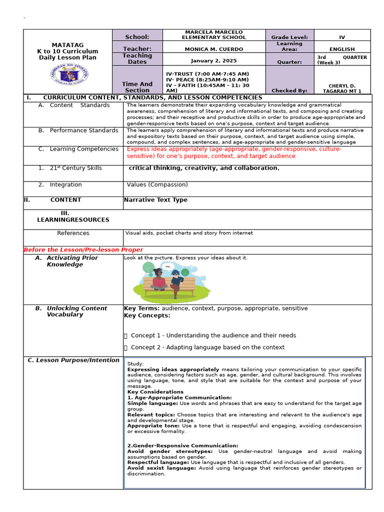 Grade 4 English Lesson Plan: Week 3 | PDF | Reading Comprehension ...