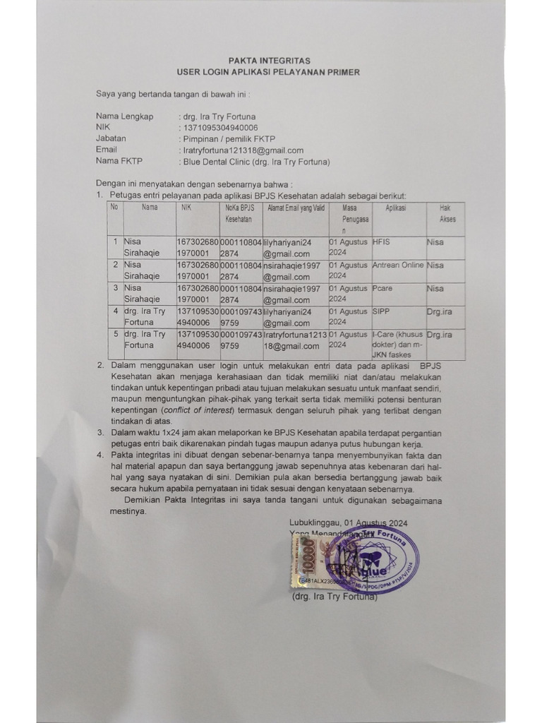 Pakta Integritas User Login Aplikasi FKTP Drg. Ira Try Fortuna | PDF