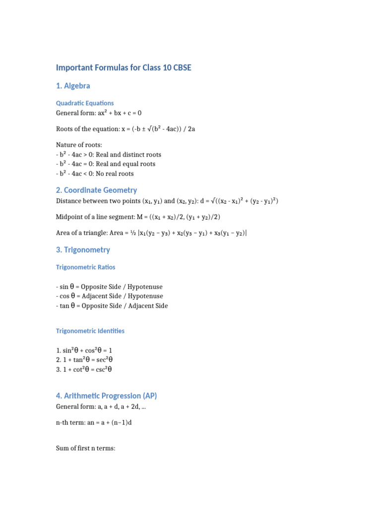 Class 10 Important Formulas | PDF