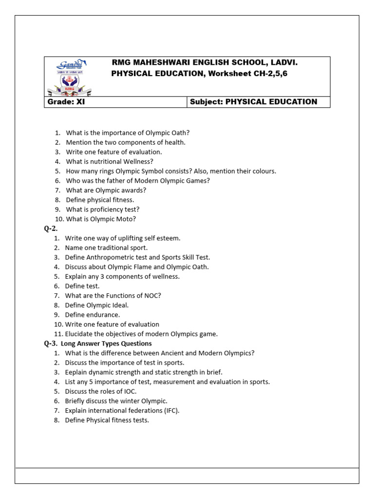Class 11 Physical Education Worksheet | PDF