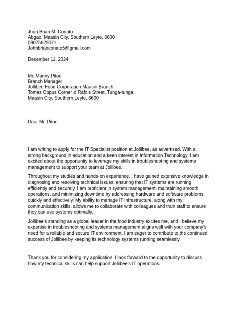 Application Letter Mo 'To JB | PDF